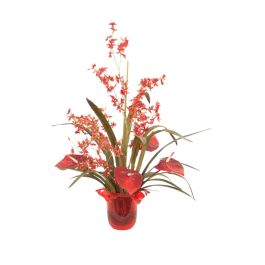 Red Oncidium Orchid with Red Antherium's in Red Vase - Distinctive Designs