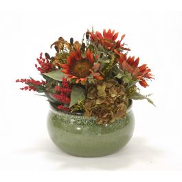 Rust Sunflowers in Green Stoneware Planter - Distinctive Designs