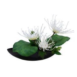 White Fugi Mums in Black Oval Planter - Distinctive Designs